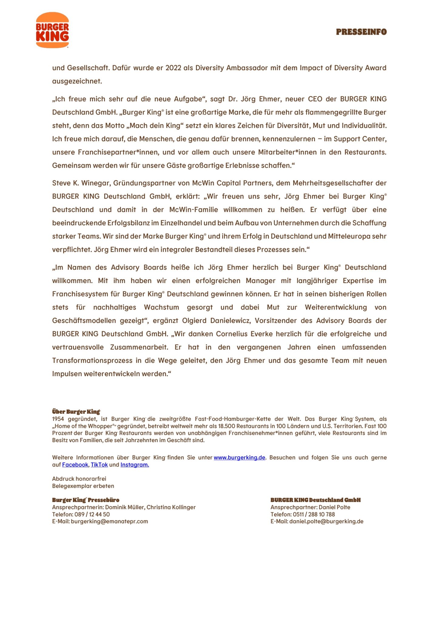 In eigener Sache - CEO Burger King Deutschland | Ehmers-Blog