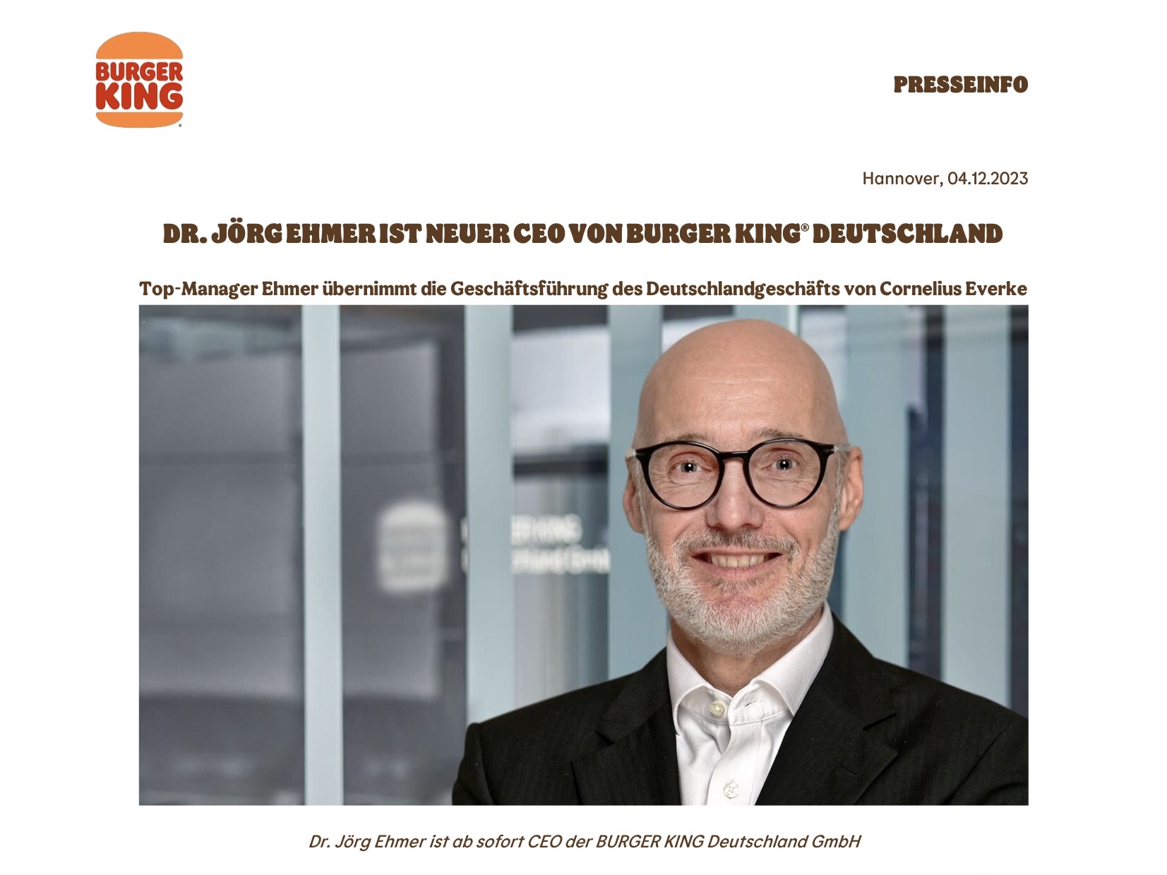 In eigener Sache - CEO Burger King Deutschland | Ehmers-Blog